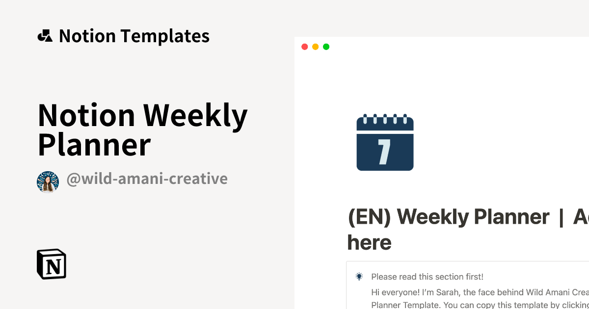Notion Weekly Planner Template by Wild Amani Creative | Notion Marketplace