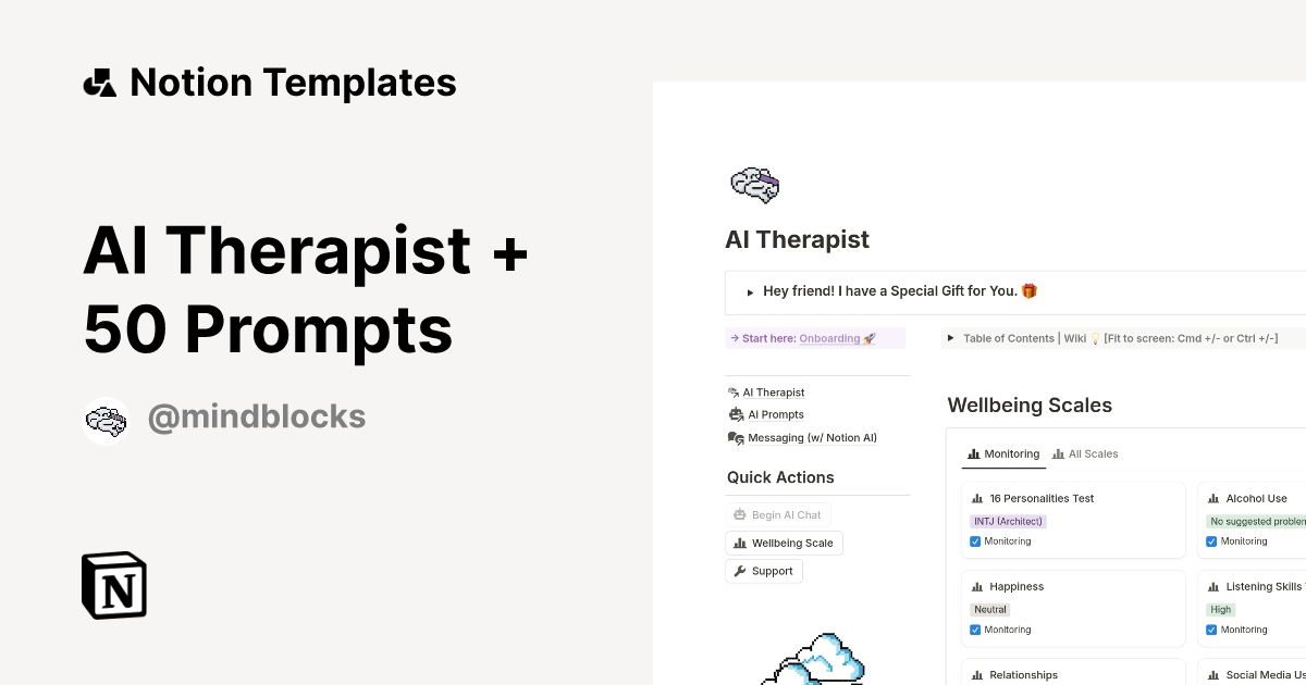 AI Therapist + 50 Prompts Template by MindBlocks | Notion Marketplace
