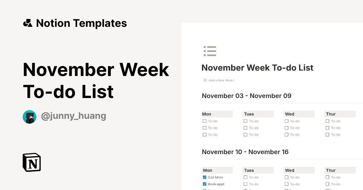 November Week To-do List Template by JUNNY | Notion Marketplace