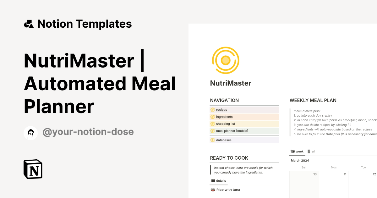 NutriMaster | Automated Meal Planner Template by Your Notion Dose | Notion Marketplace