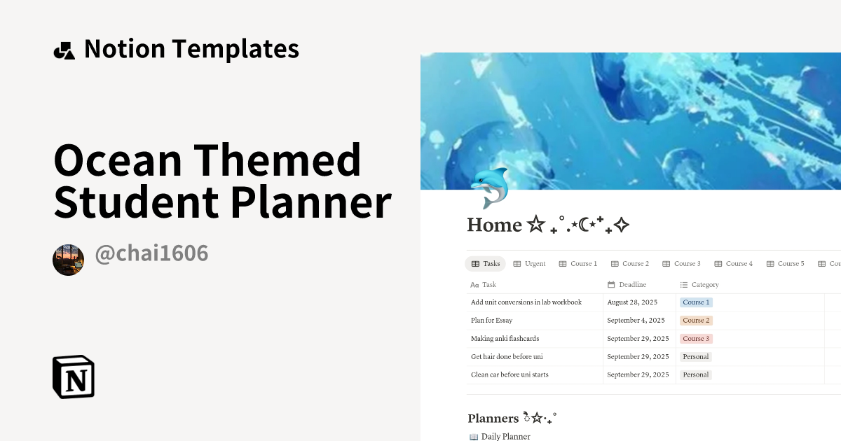 Ocean Themed Student Planner Template by Chai