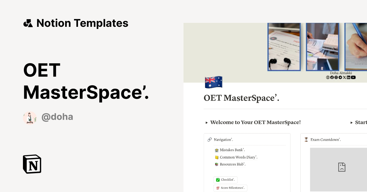 OET MasterSpace’. Template by Doha Almakki | Notion Marketplace