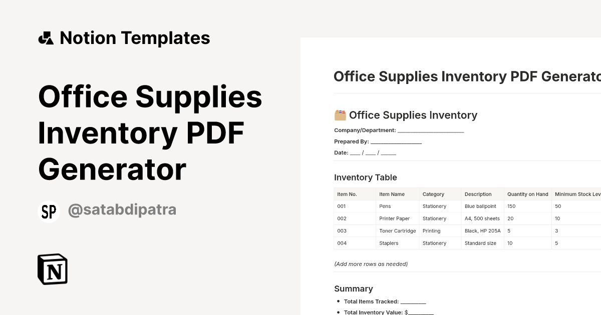 Office Supplies Inventory PDF Generator Template by Satabdi Patra ...