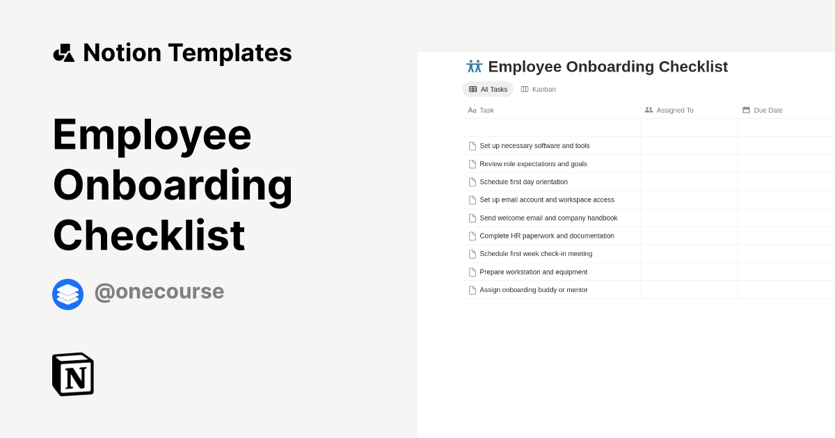 Employee Onboarding Checklist Template by One Course | Notion Marketplace
