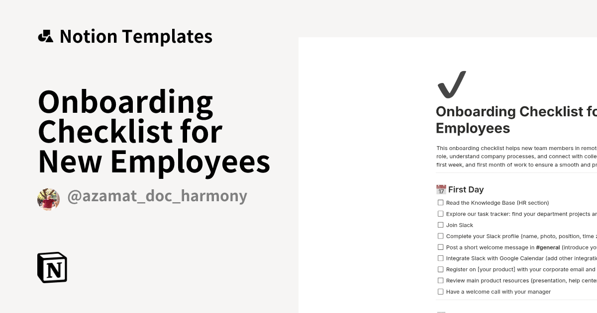 Onboarding Checklist for New Employees Template by DocHarmony.me ...