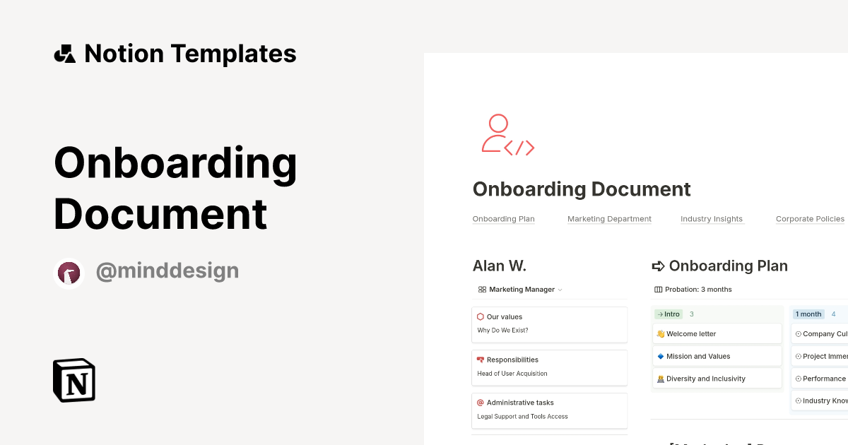 Onboarding Document Template by Mind Design Community | Notion Marketplace