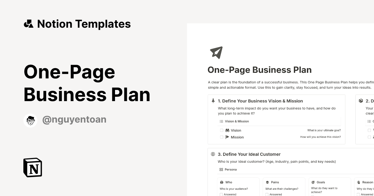 One-Page Business Plan Template by Nguyễn Toàn | Notion Marketplace