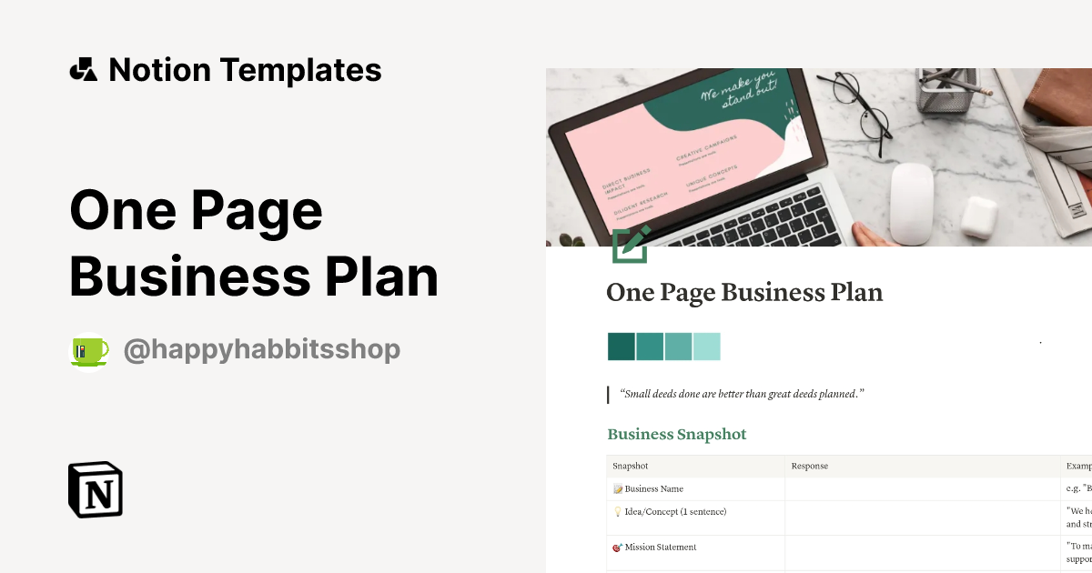 One Page Business Plan Template by Happy Habbits | Notion Marketplace