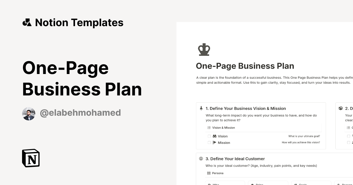 One-Page Business Plan Template by Elabeh Mohamed | Notion Marketplace