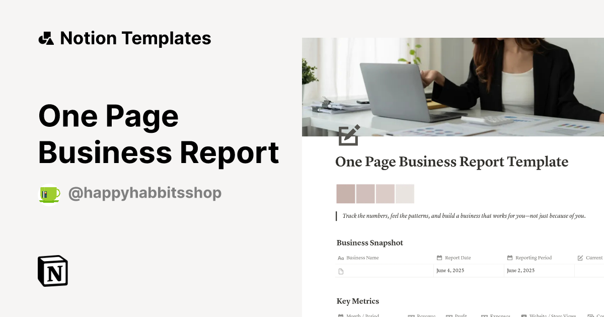 One Page Business Report Template by Happy Habbits | Notion Marketplace