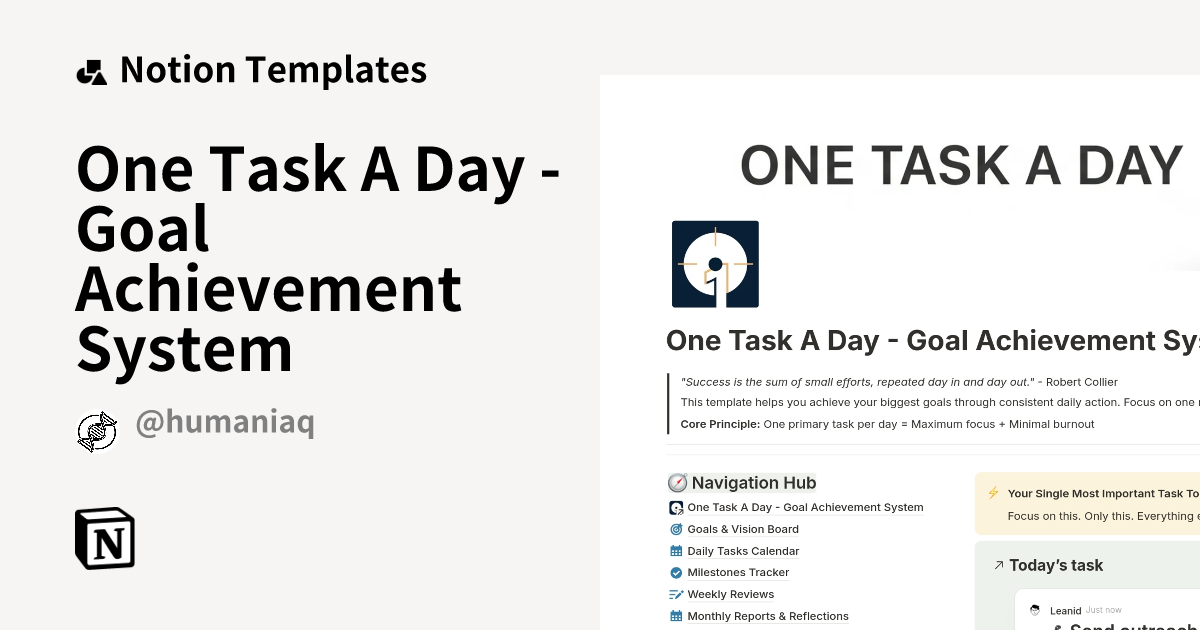 One Task A Day - Goal Achievement System Template | Notion Marketplace