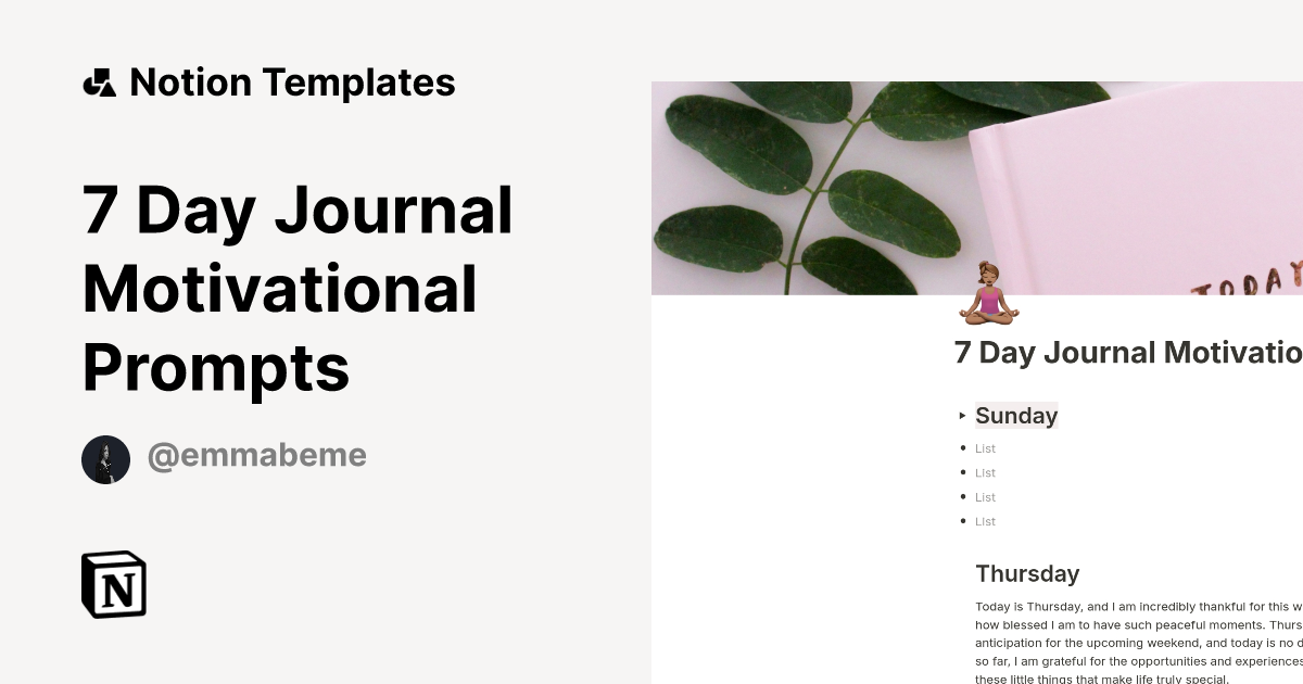 7 Day Journal Motivational Prompts Template | Notion Marketplace