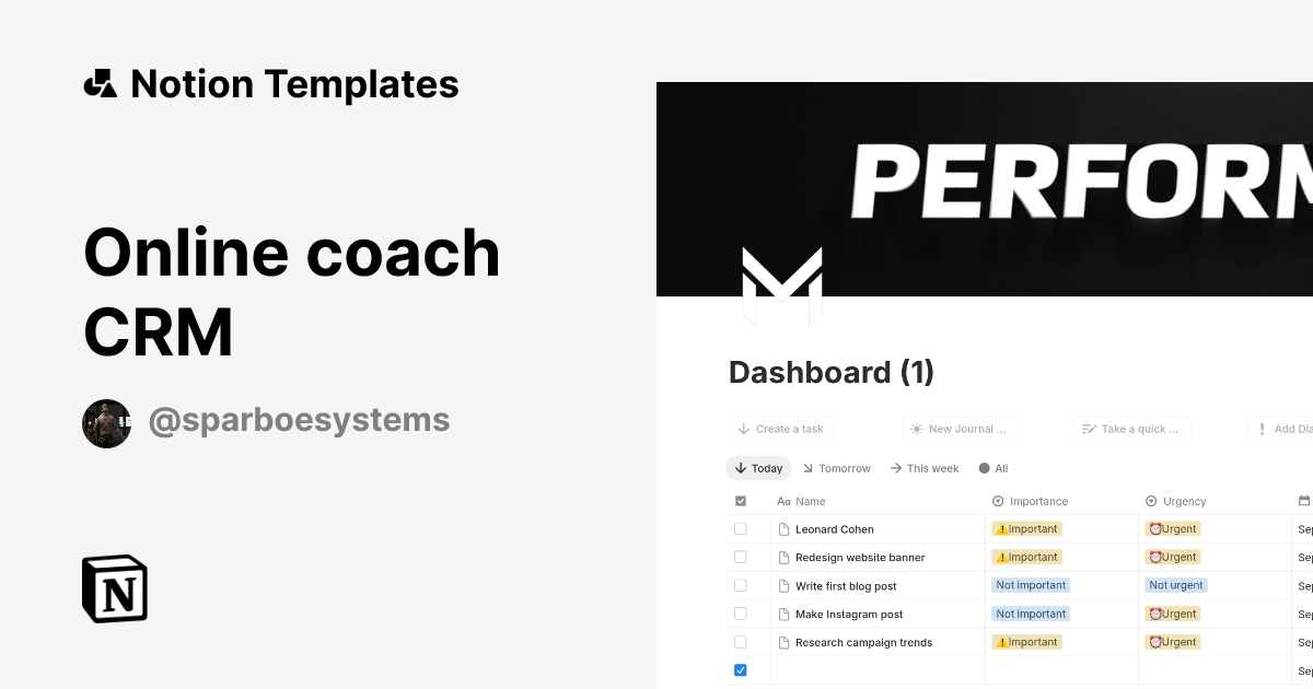 Online coach CRM Template by SparboeSystems | Notion Marketplace