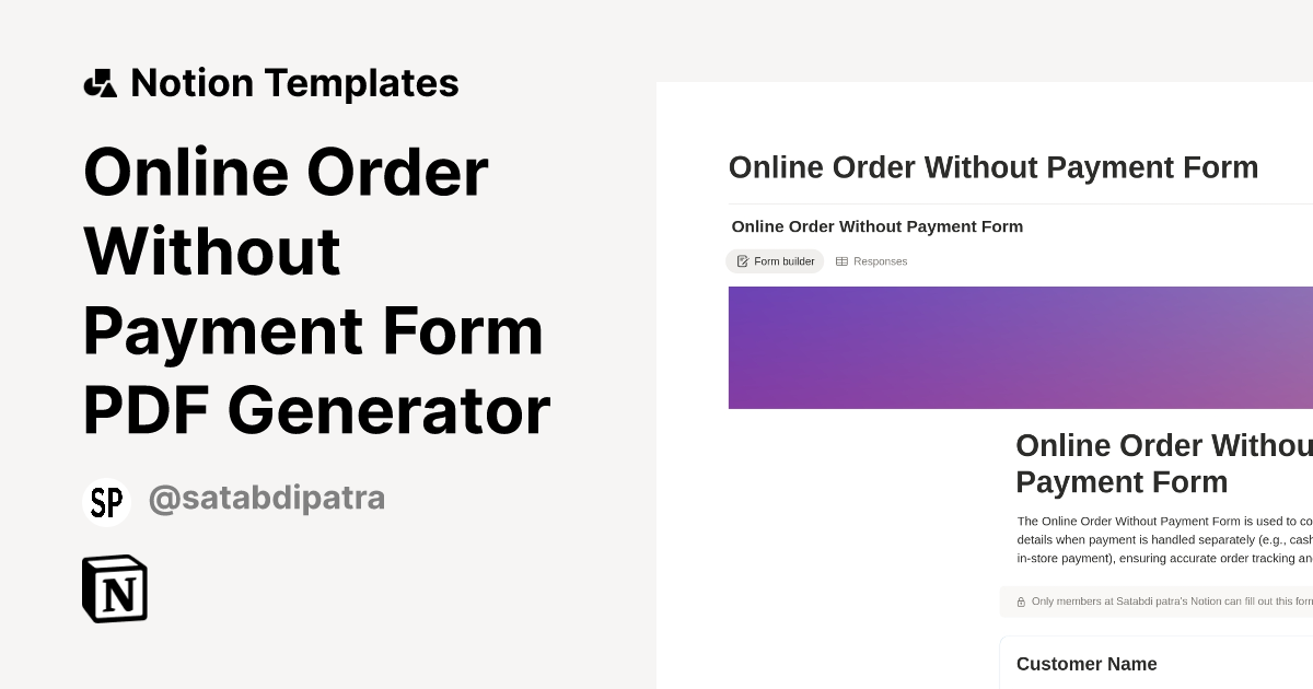 Online Order Without Payment Form PDF Generator Template | Notion ...