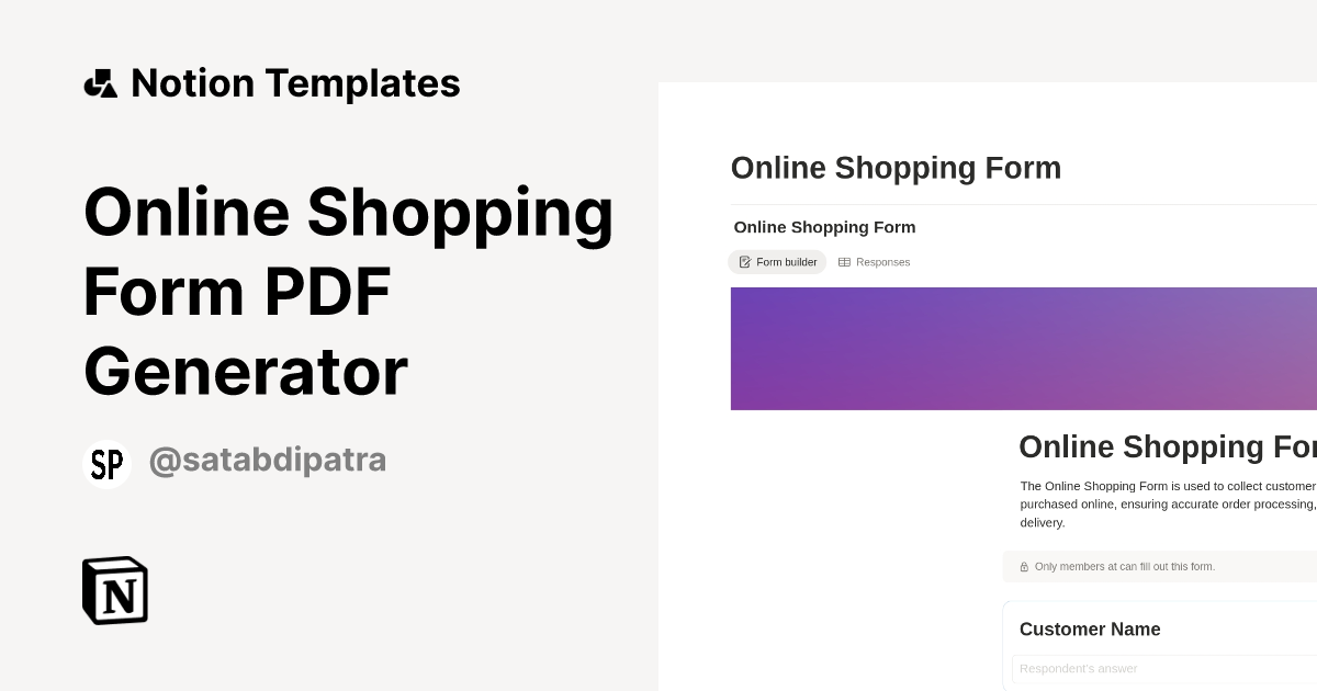 Online Shopping Form PDF Generator Template | Notion Marketplace