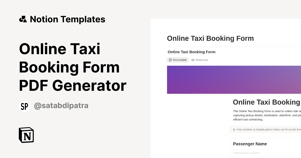 Online Taxi Booking Form PDF Generator Template | Notion Marketplace
