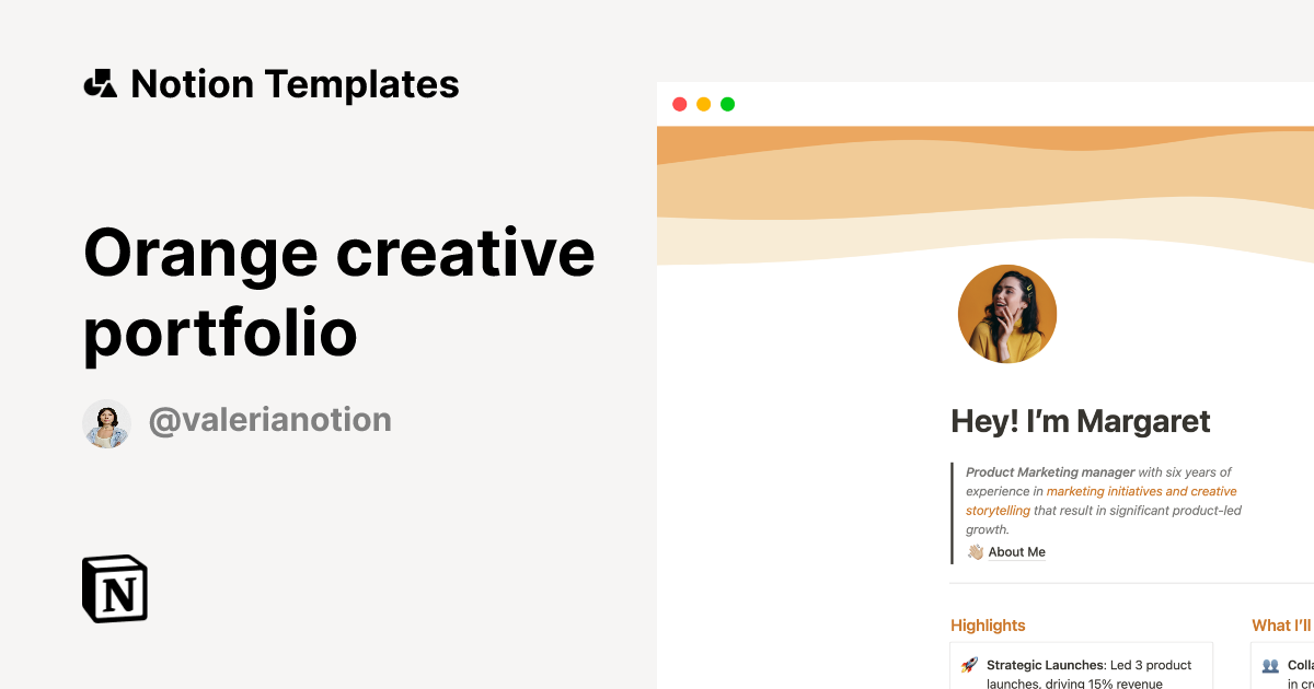 Orange creative portfolio Template by Valeria | Notion Marketplace