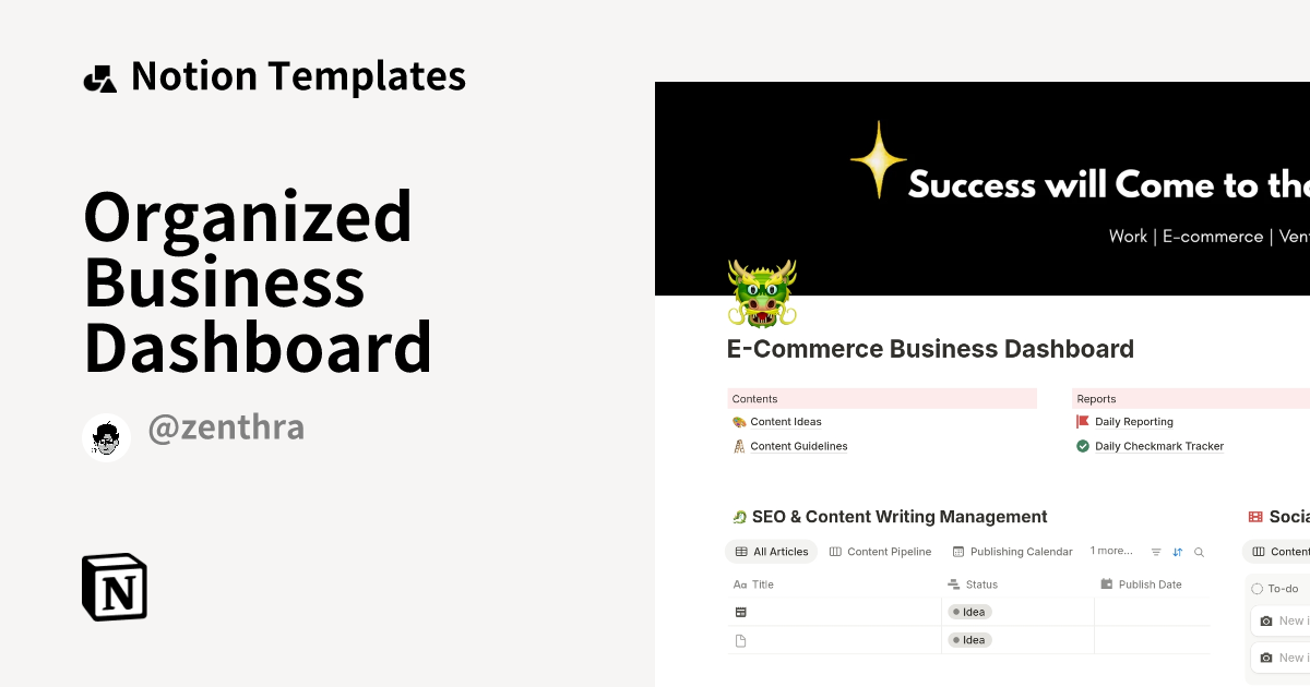 Organized Business Dashboard Template | Notion Marketplace