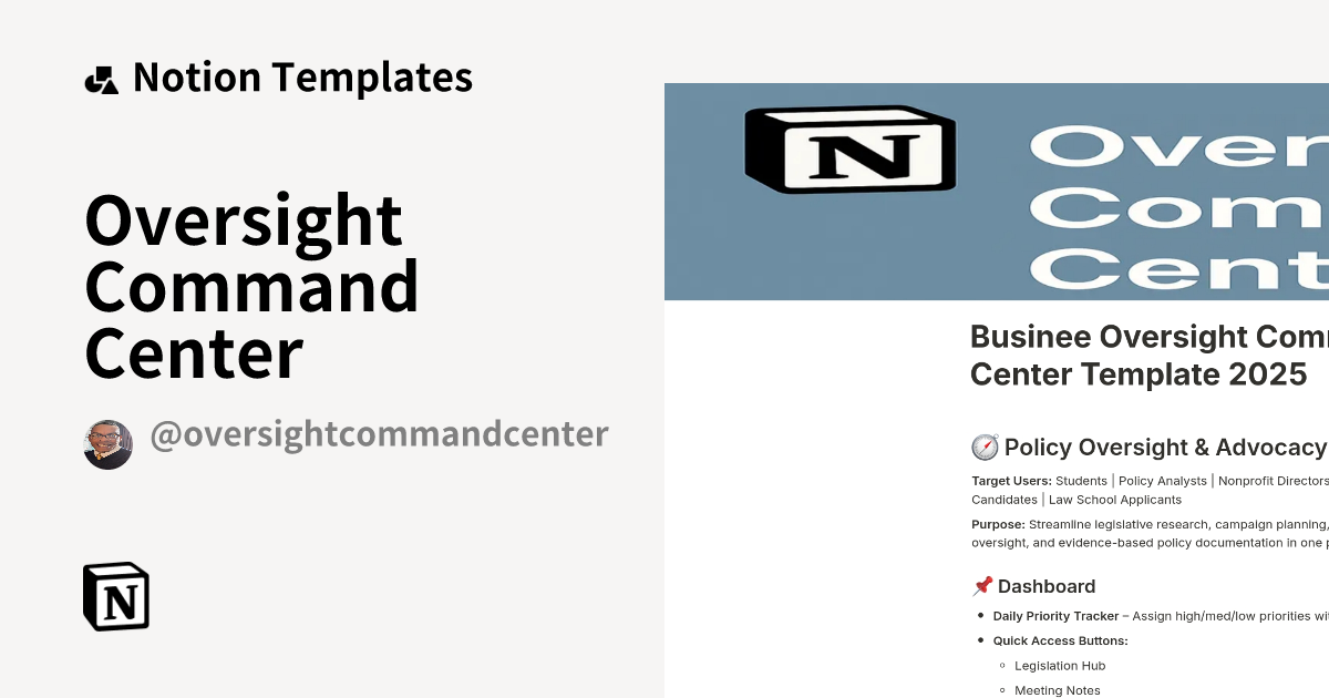Oversight Command Center Template by Delaine Dixon | Notion Marketplace