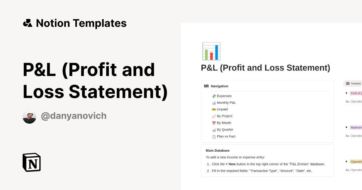 P&L (Profit and Loss Statement) Template | Notion Marketplace