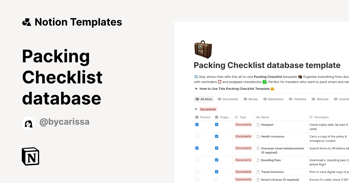Packing Checklist database Template | Notion Marketplace