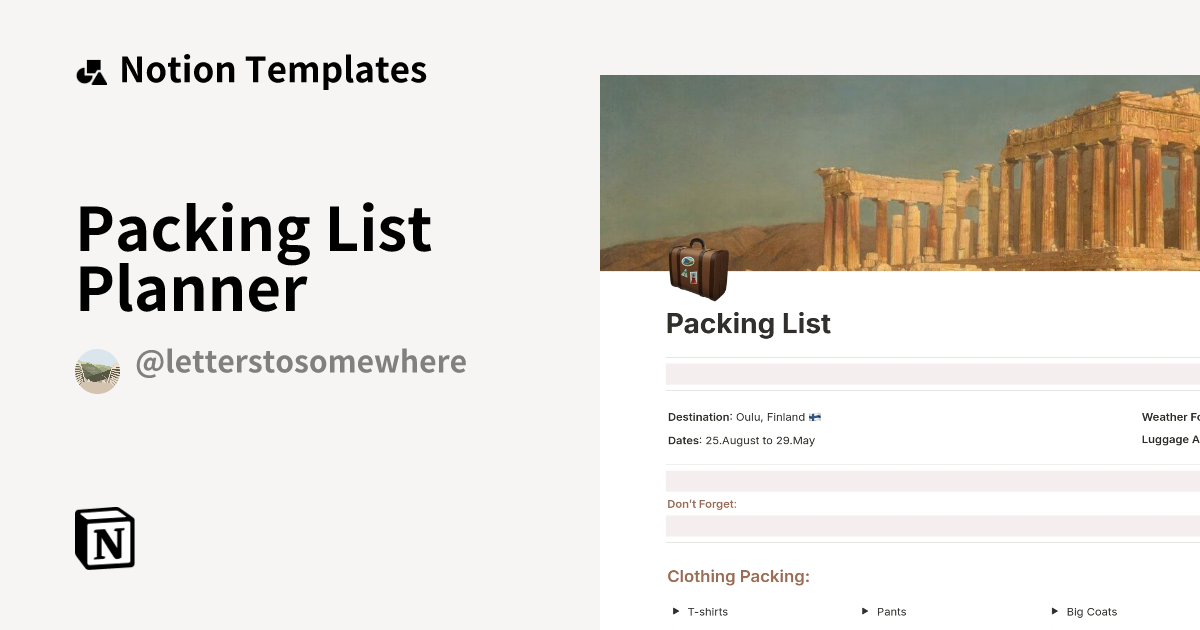 Packing List Planner Template by Letters To Somewhere | Notion Marketplace