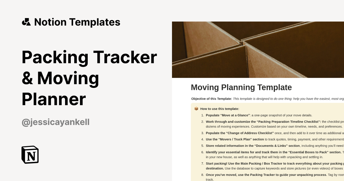 Packing Tracker & Moving Planner Template by Jessica Yankell | Notion ...
