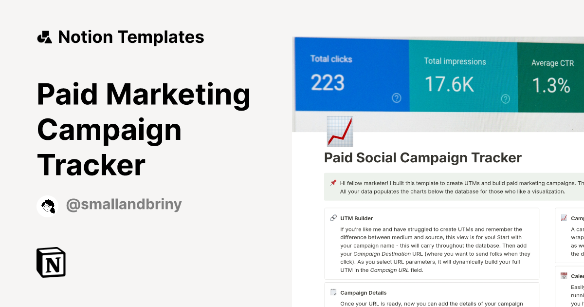Paid Marketing Campaign Tracker Template by Small + Briny | Notion ...