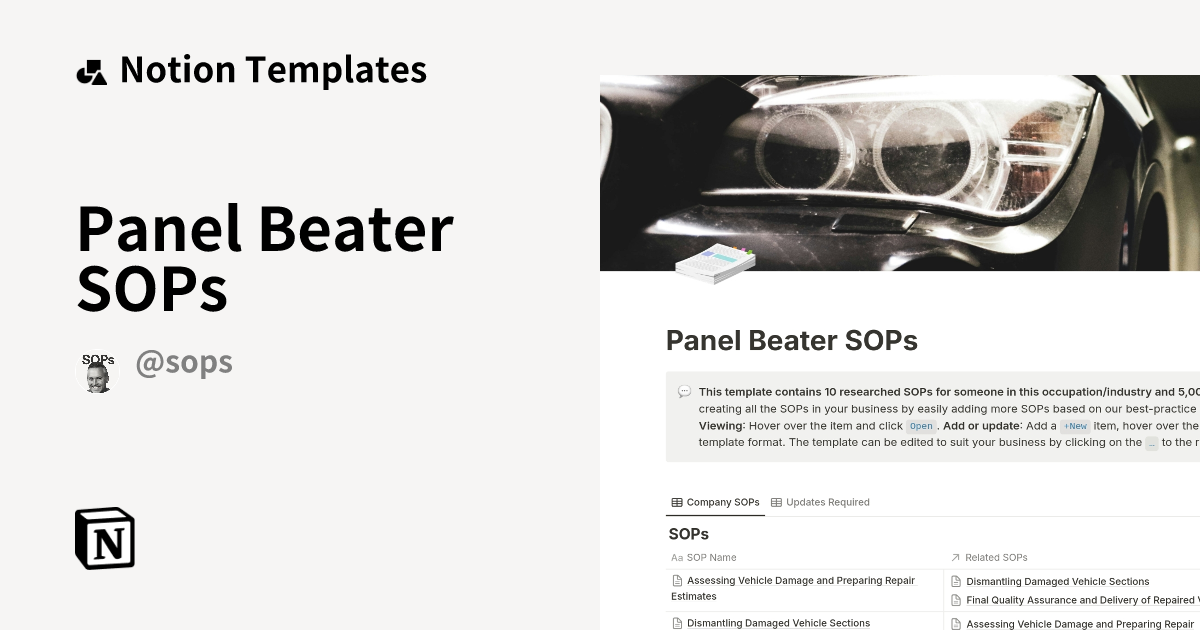 Panel Beater SOPs Template by SOPs | Notion Marketplace