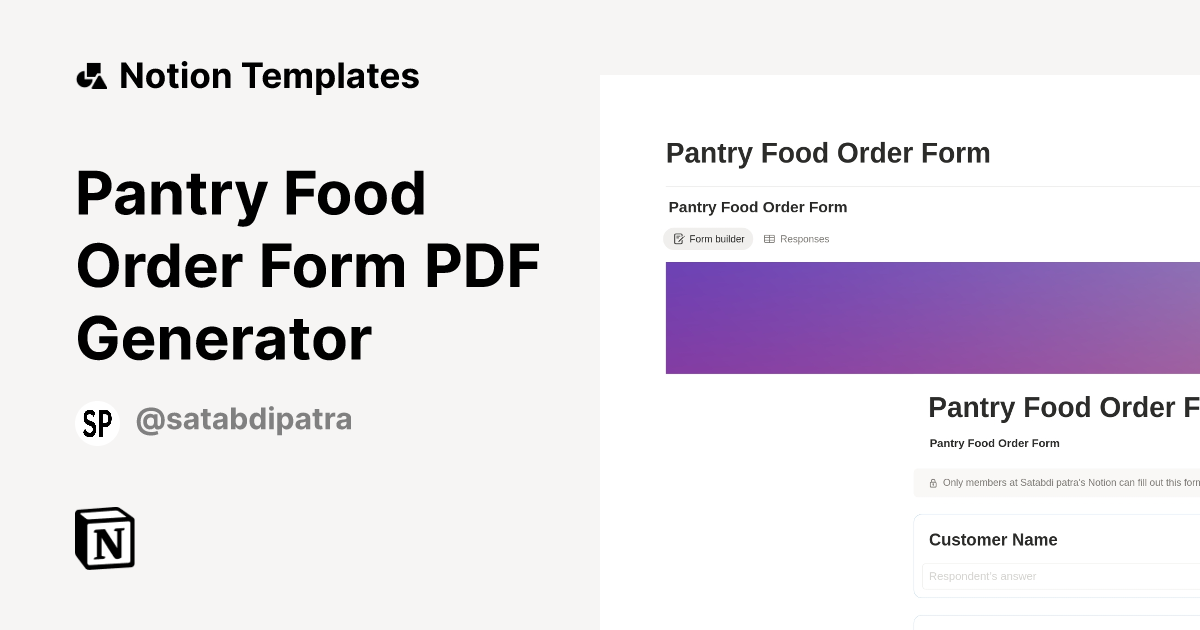 Pantry Food Order Form PDF Generator Template by Satabdi Patra | Notion ...