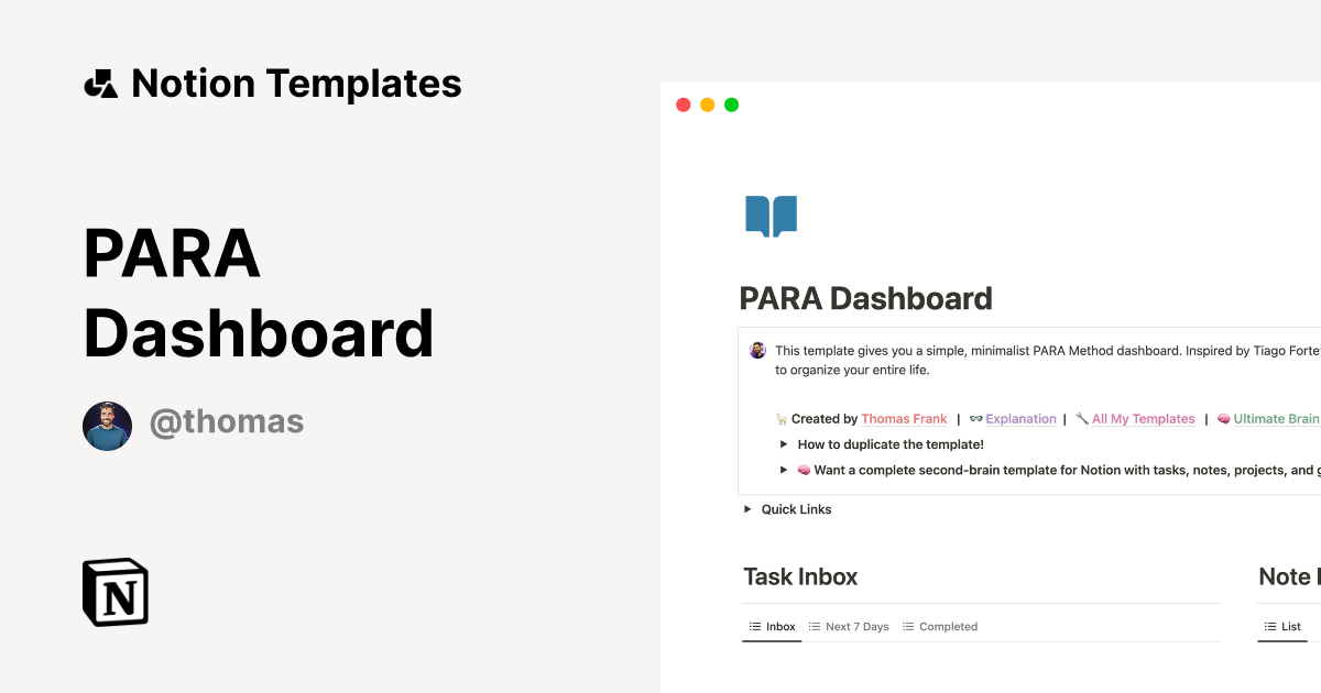 Para Dashboard Template Notion Marketplace