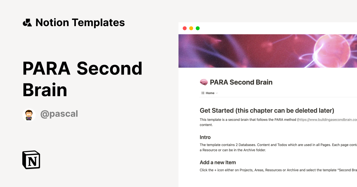 PARA Second Brain Template by Pascal | Notion Marketplace