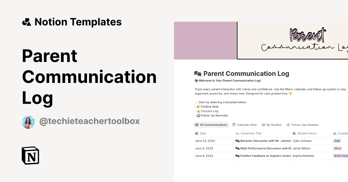 Parent Communication Log Template by The Techie Teacher Toolbox | Notion Marketplace