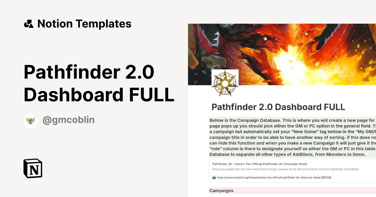 Pathfinder 2.0 Dashboard FULL Template | Notion Marketplace