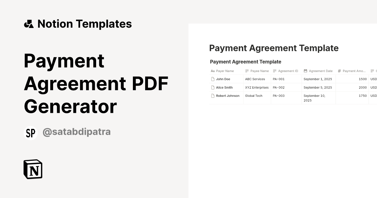 Payment Agreement PDF Generator Template by Satabdi Patra | Notion Marketplace