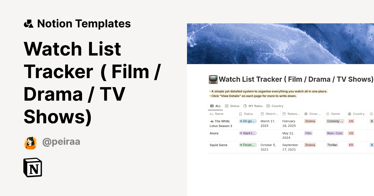 Watch List Tracker ( Film / Drama / TV Shows) Template by Peiraa Forms ...