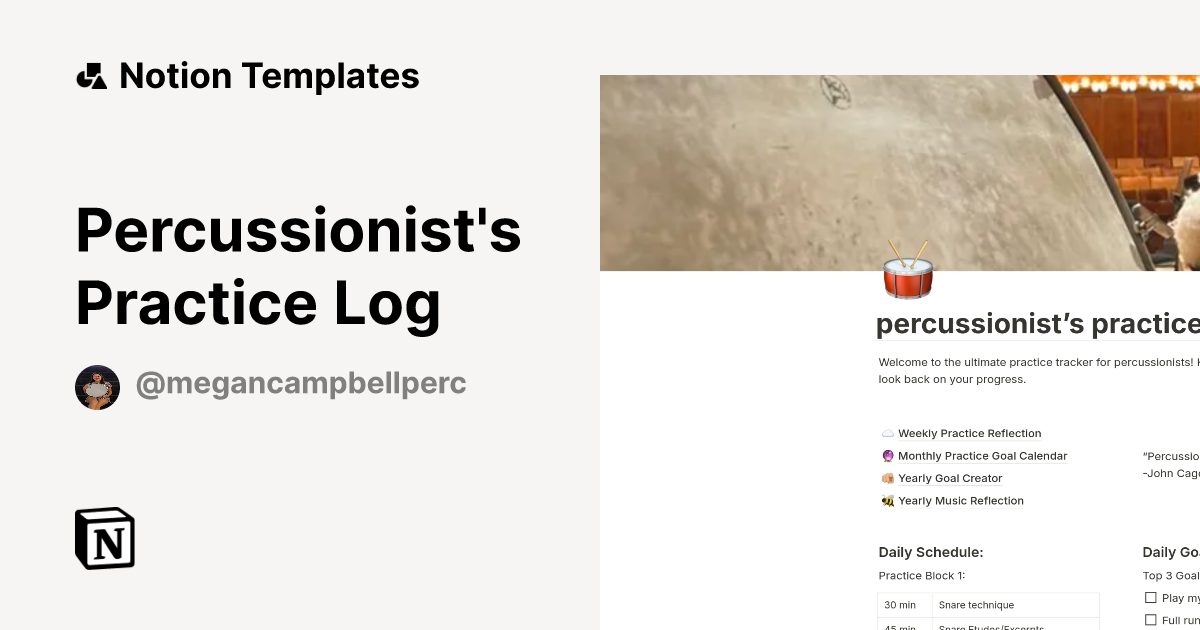 Percussionist's Practice Log Template by Megan Campbell | Notion ...
