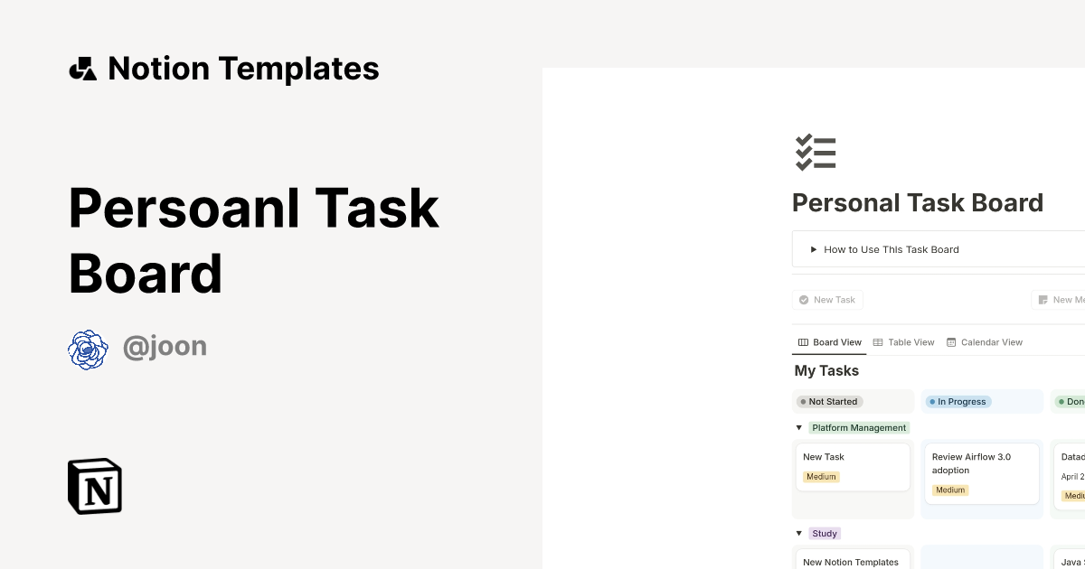 Persoanl Task Board Template by Joon | Notion Marketplace