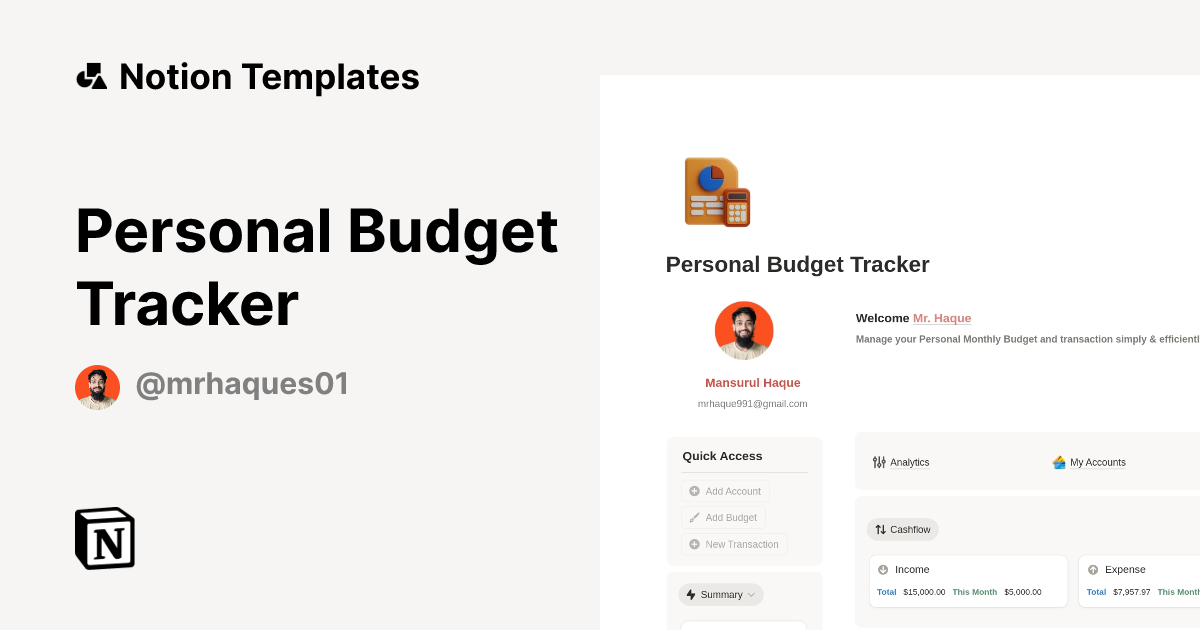 Personal Budget Tracker Template by Mr. Haque | Notion Marketplace