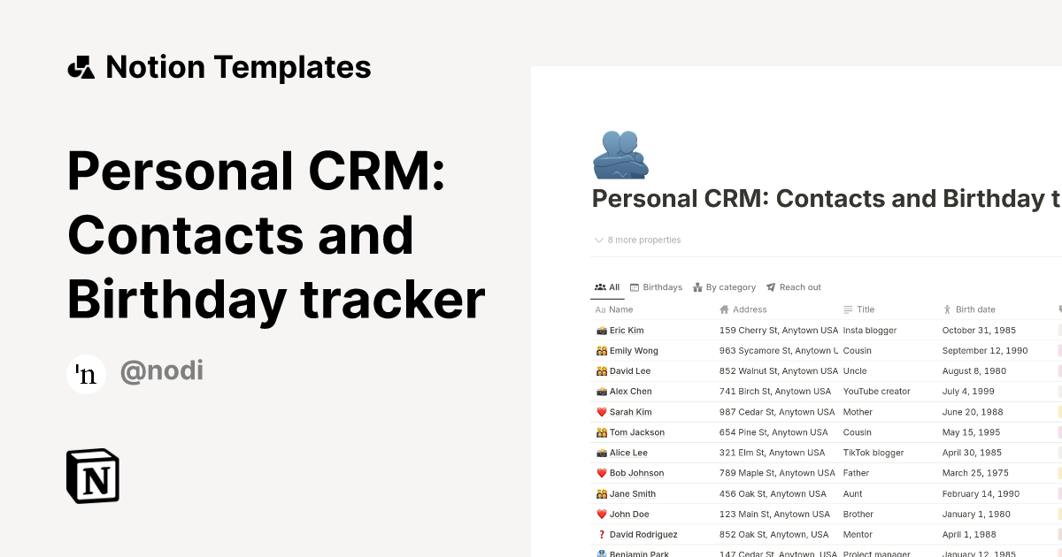 Personal CRM: Contacts and Birthday tracker Template by Nodi | Notion Marketplace