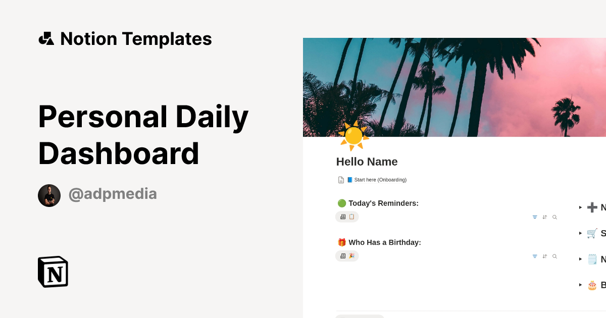 Personal Daily Dashboard Template by ADP Media | Notion Marketplace