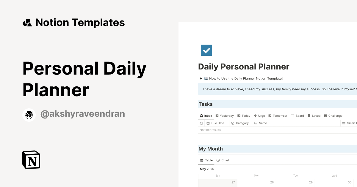 Personal Daily Planner Template by Akshay Raveendran | Notion Marketplace