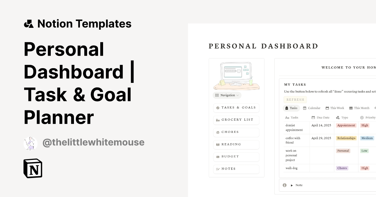 Personal Dashboard | Task & Goal Planner Template | Notion Marketplace