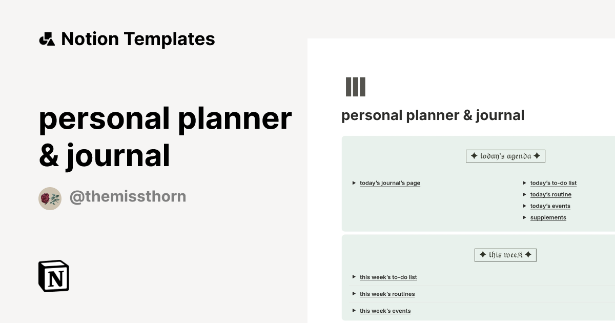 personal planner & journal Template by Thorn Templates | Notion Marketplace