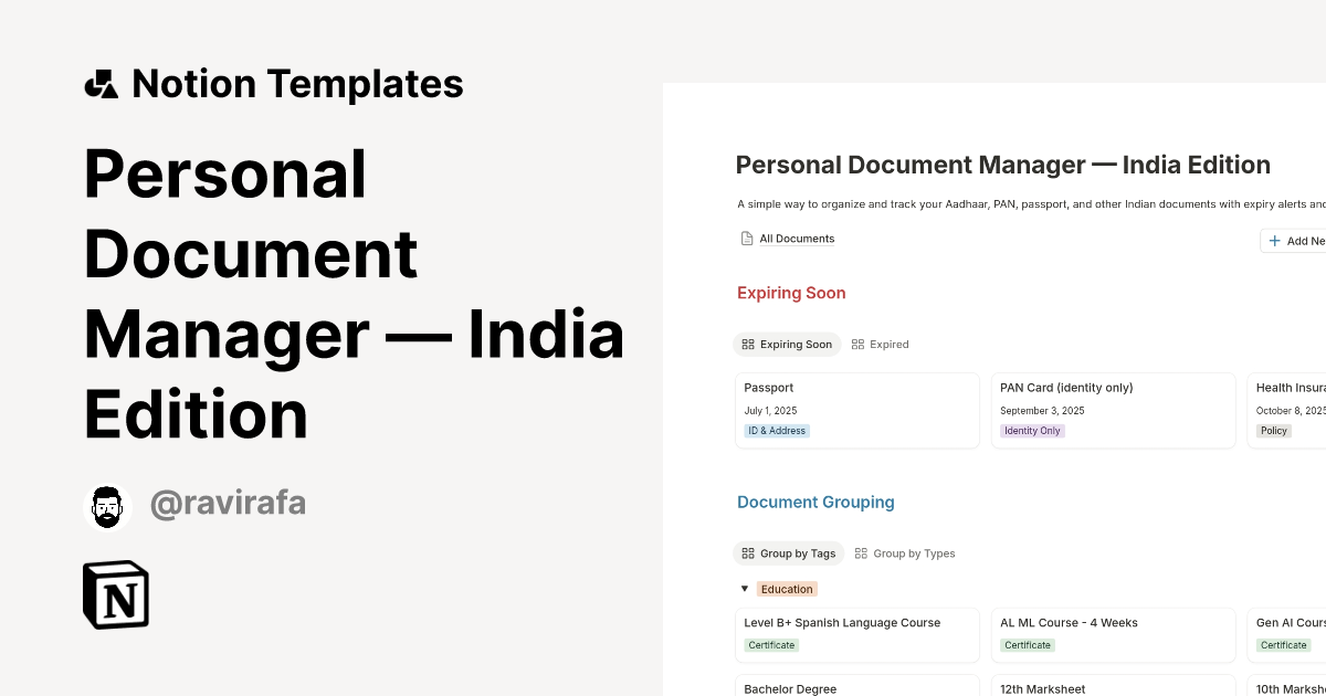 Personal Document Manager — India Edition Template | Notion Marketplace