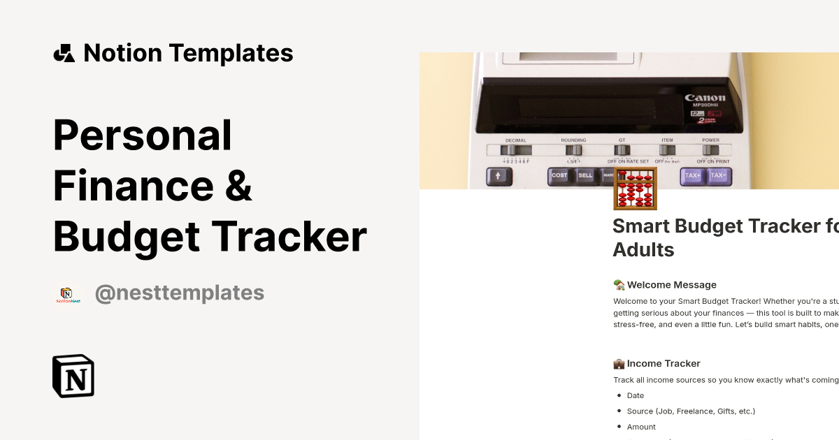 Personal Finance & Budget Tracker Template by Nest Templates | Notion ...