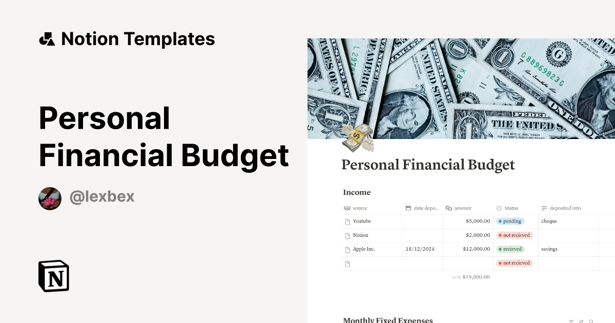 Personal Financial Budget Template | Notion Marketplace