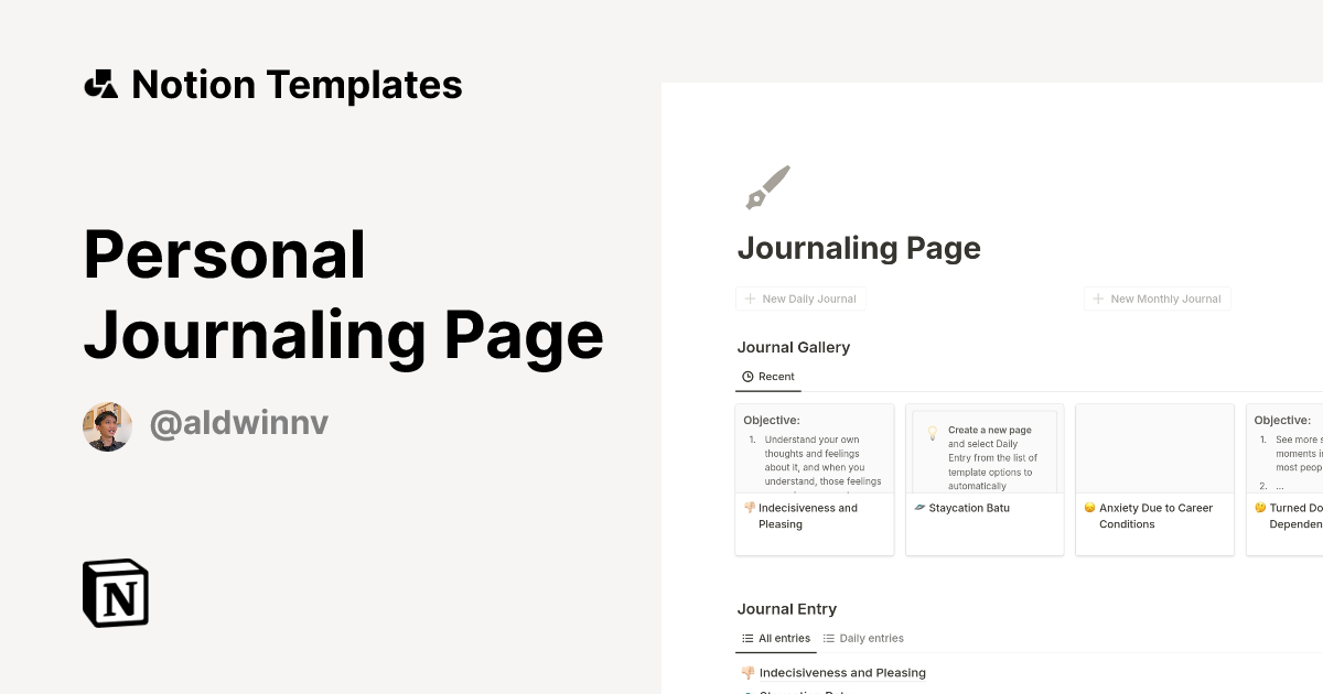 Personal Journaling Page Template by Aldwin Nou | Notion Marketplace
