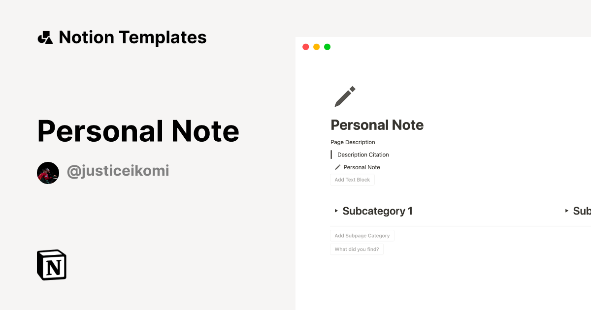 Personal Note Template by Justice Ikomi | Notion Marketplace