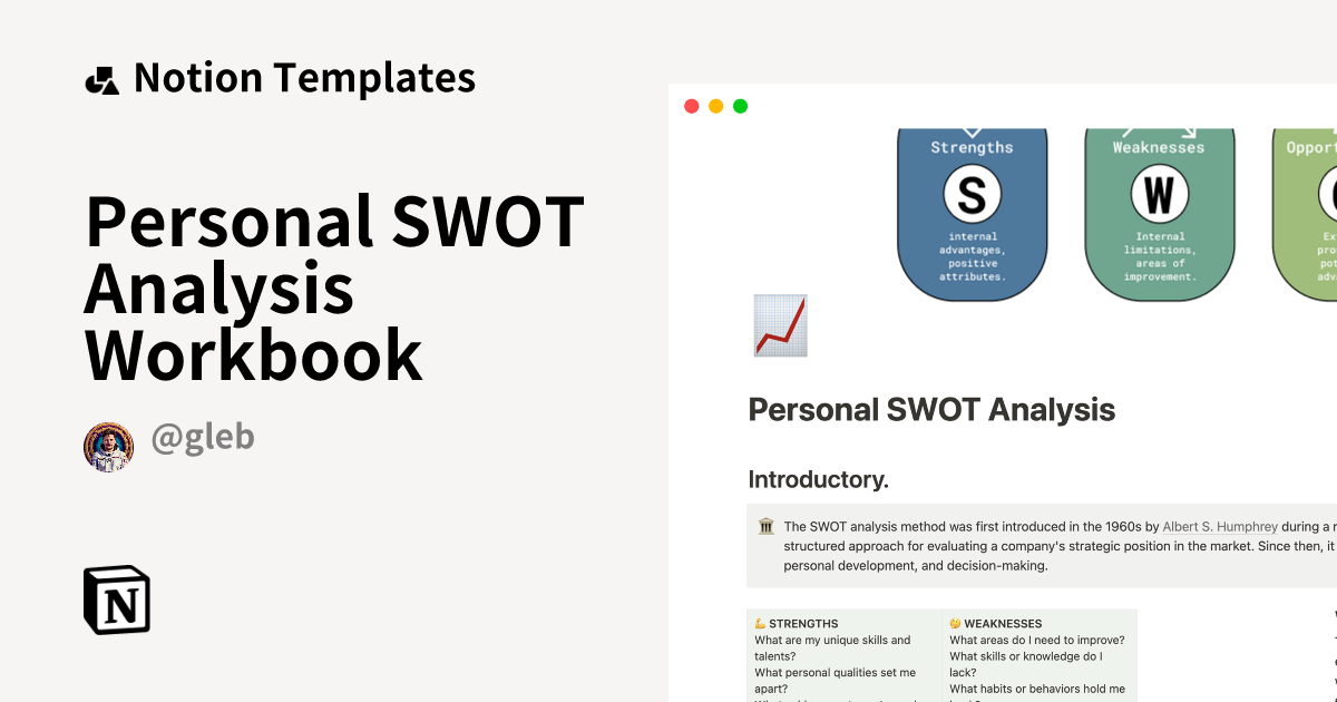 Personal SWOT Analysis Workbook Template by Gleb | Notion Marketplace